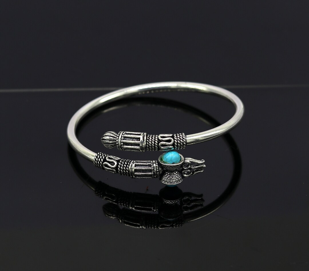 Pure 925 Sterling Silver Blue Turquoise Stone Bahubali Shiva Kada ...