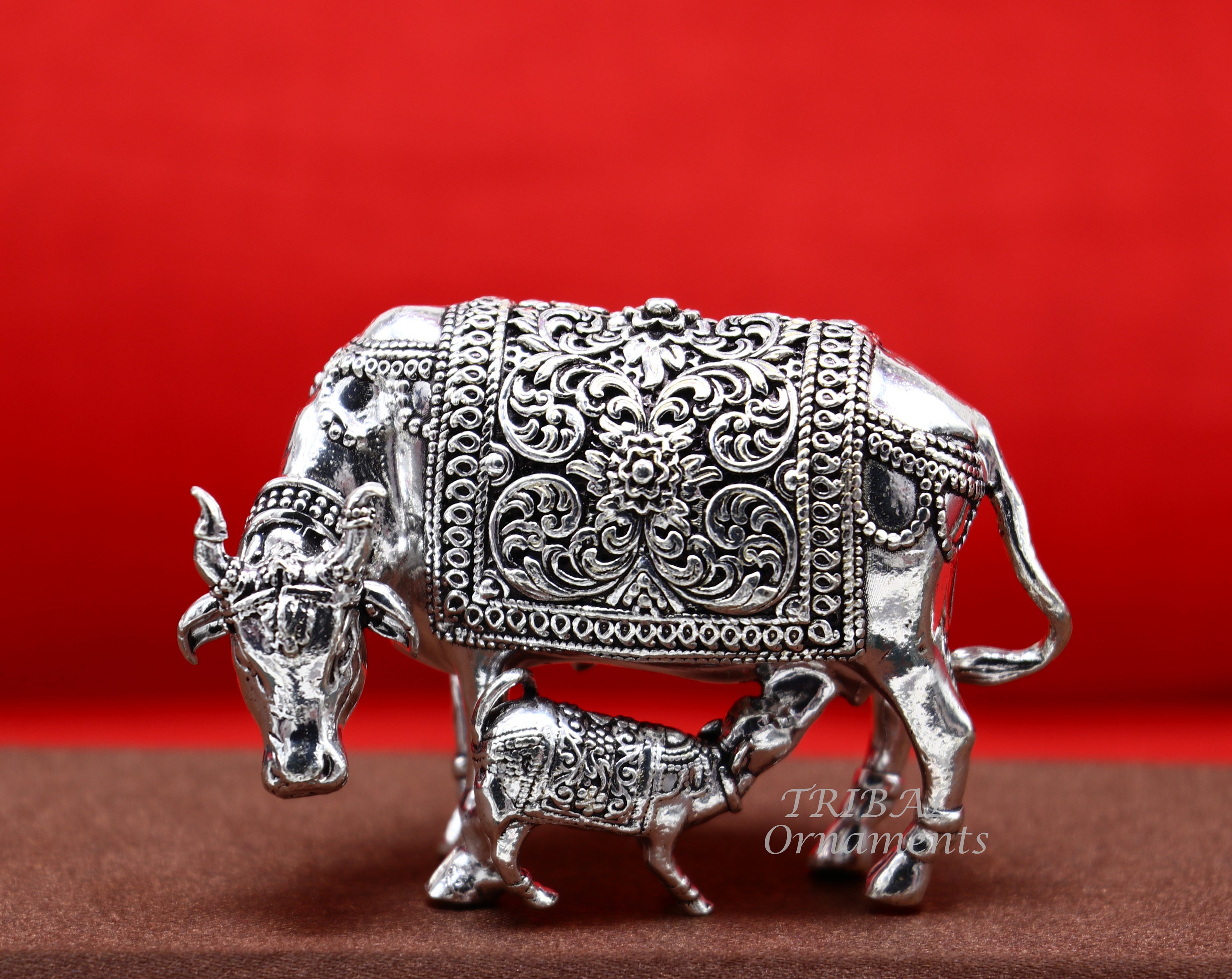 Divine Cow With Calf 925 Sterling Silver Vintage Nakshi Work Design ...