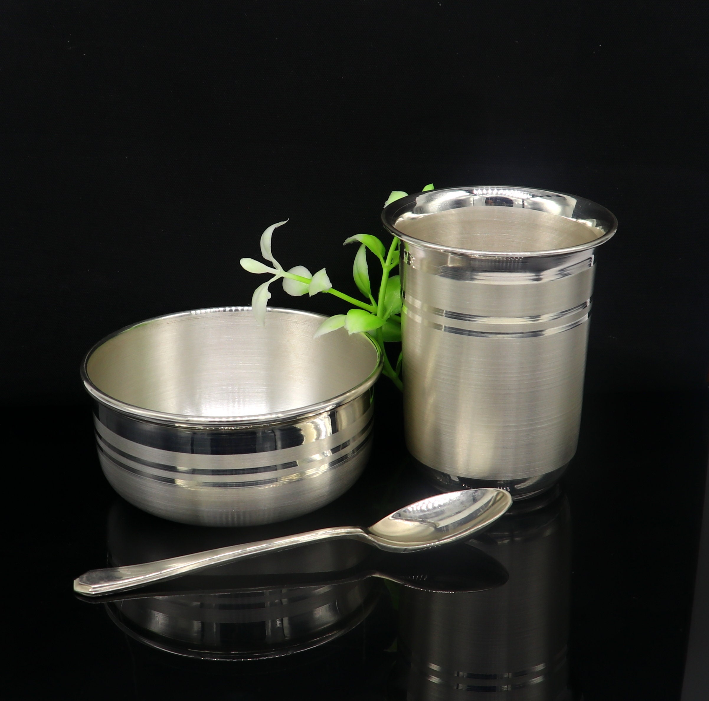 999 Fine Silver Water Milk Glass and Bowl, Silver Tumbler Silver Spoon ...