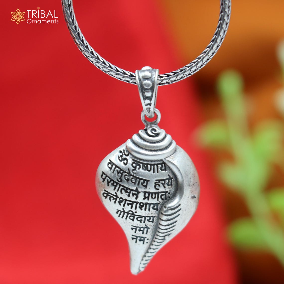 925 Sterling Silver Lord Krishna Mantra Shankha Pendant Tribal Ethnic ...