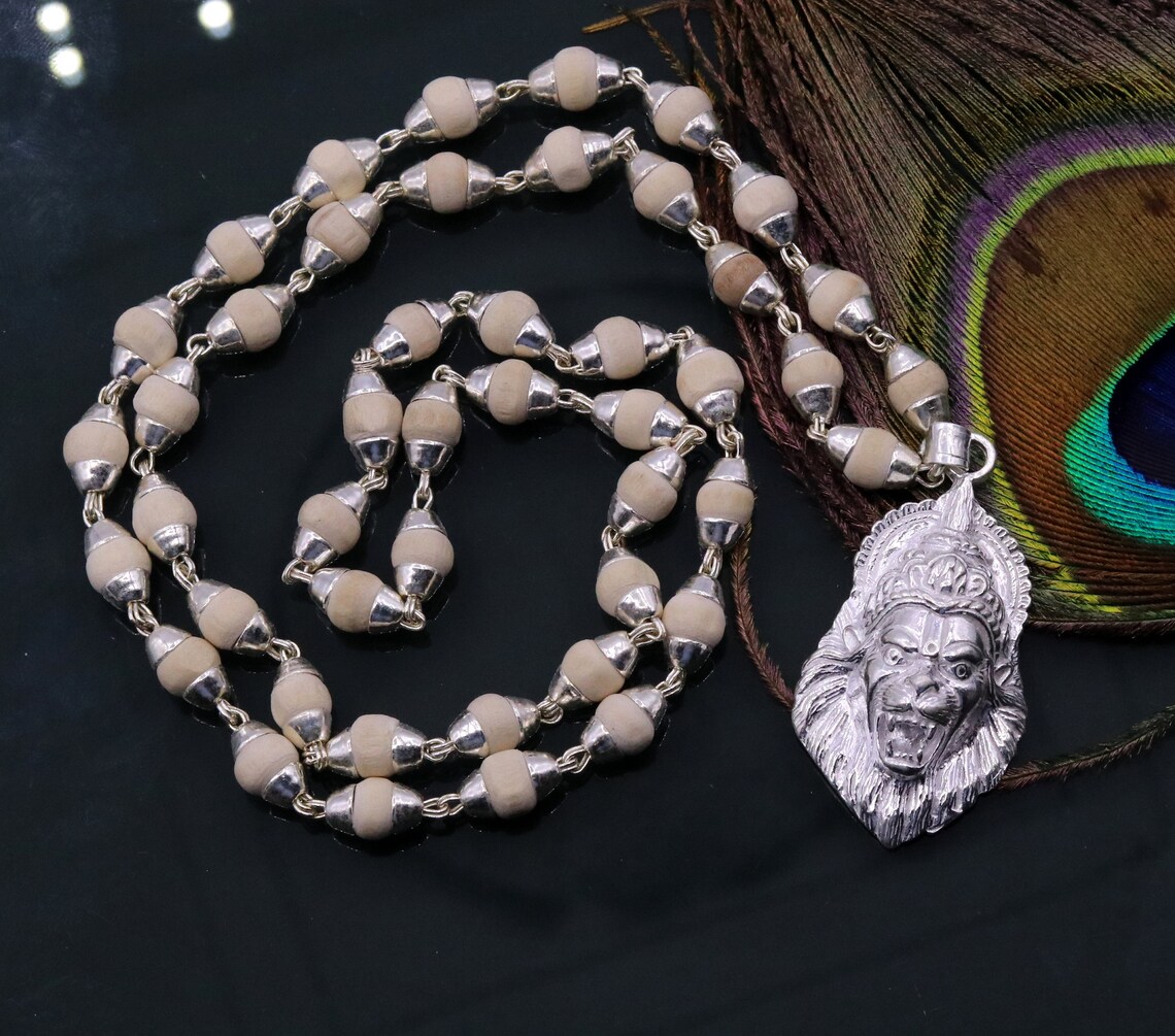 Sterling Silver Lord Vishnu Avatar Narsimha Pendant With Basil Rosary ...