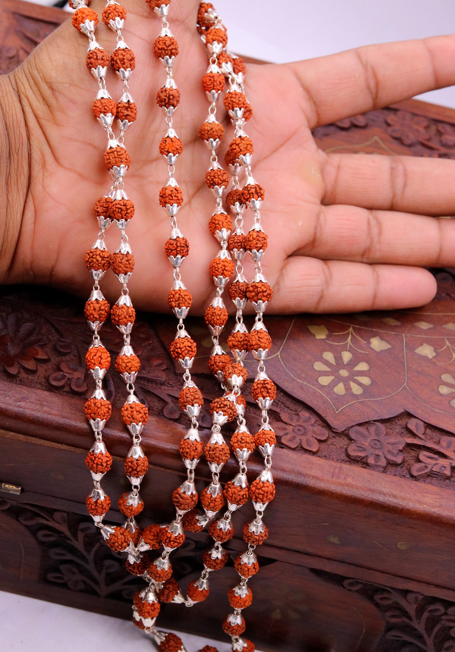 7 Mm Natural Rudraksha Beads Seeds Vintage Design Sterling Silver 108 ...