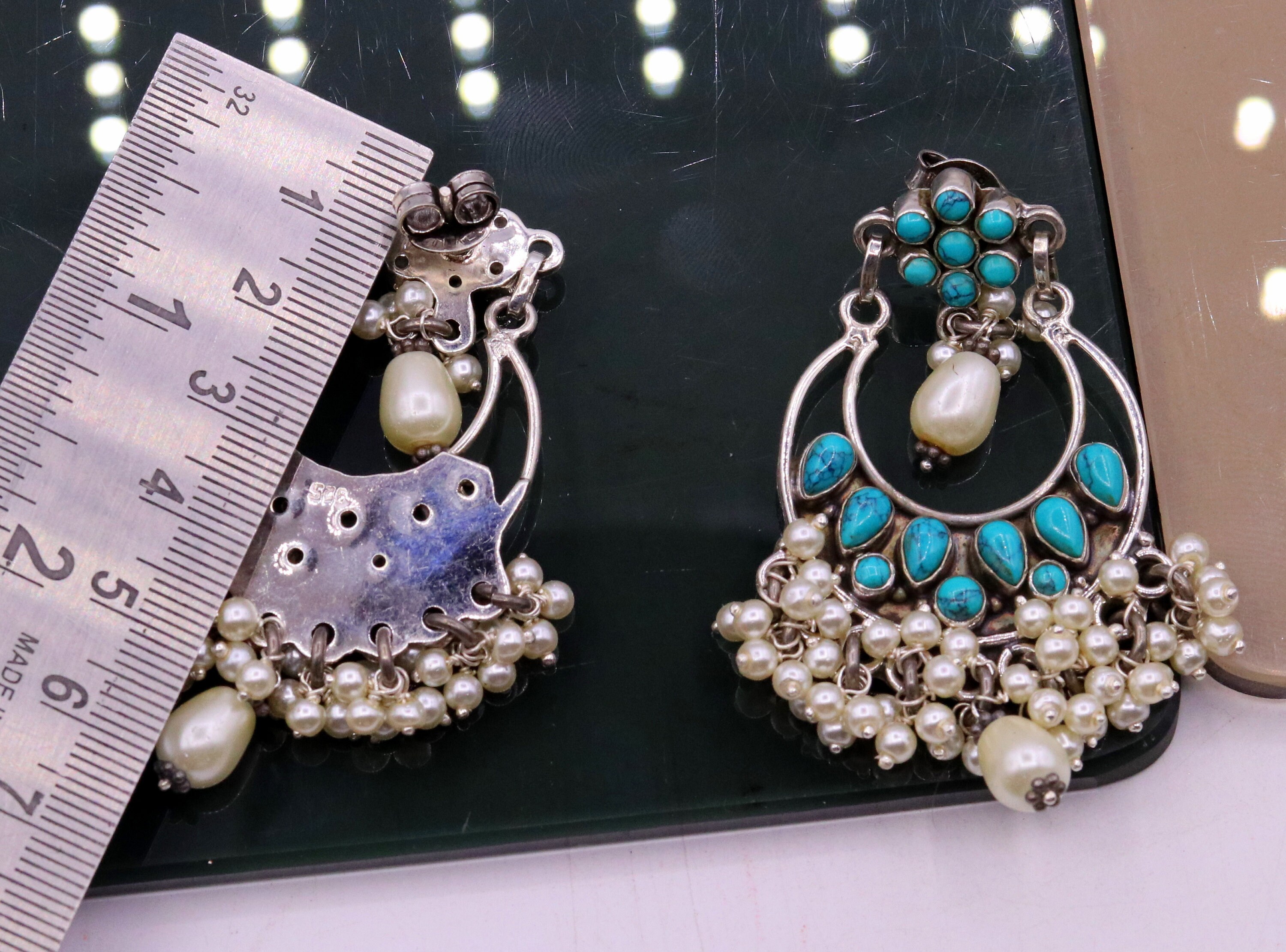 925 Sterling silver handmade fabulous pearl and turquoise stud | Etsy