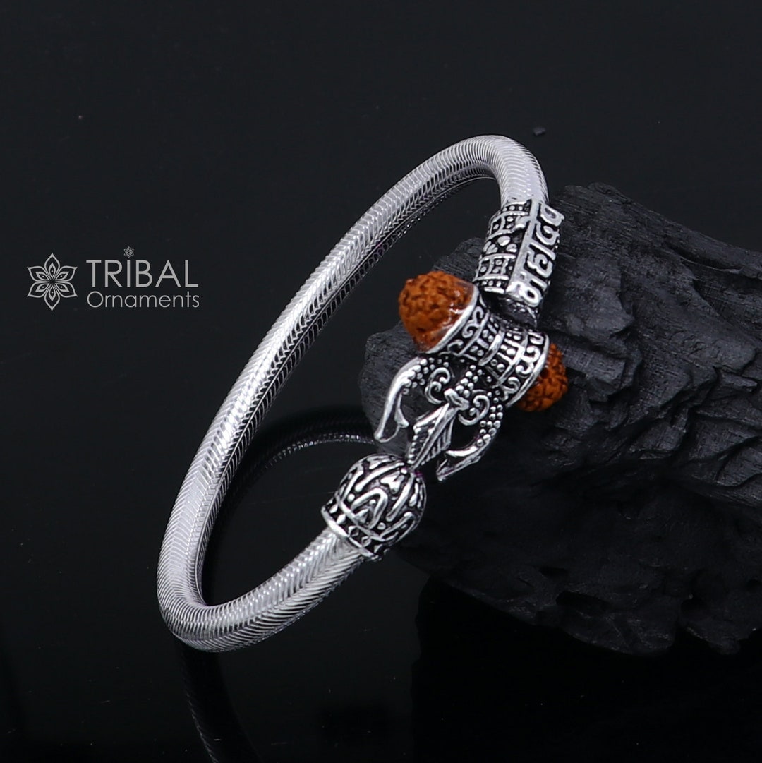 925 Sterling Silver Lord Shiva Trident Kada Mahadeva Bracelet, Rudraksh ...