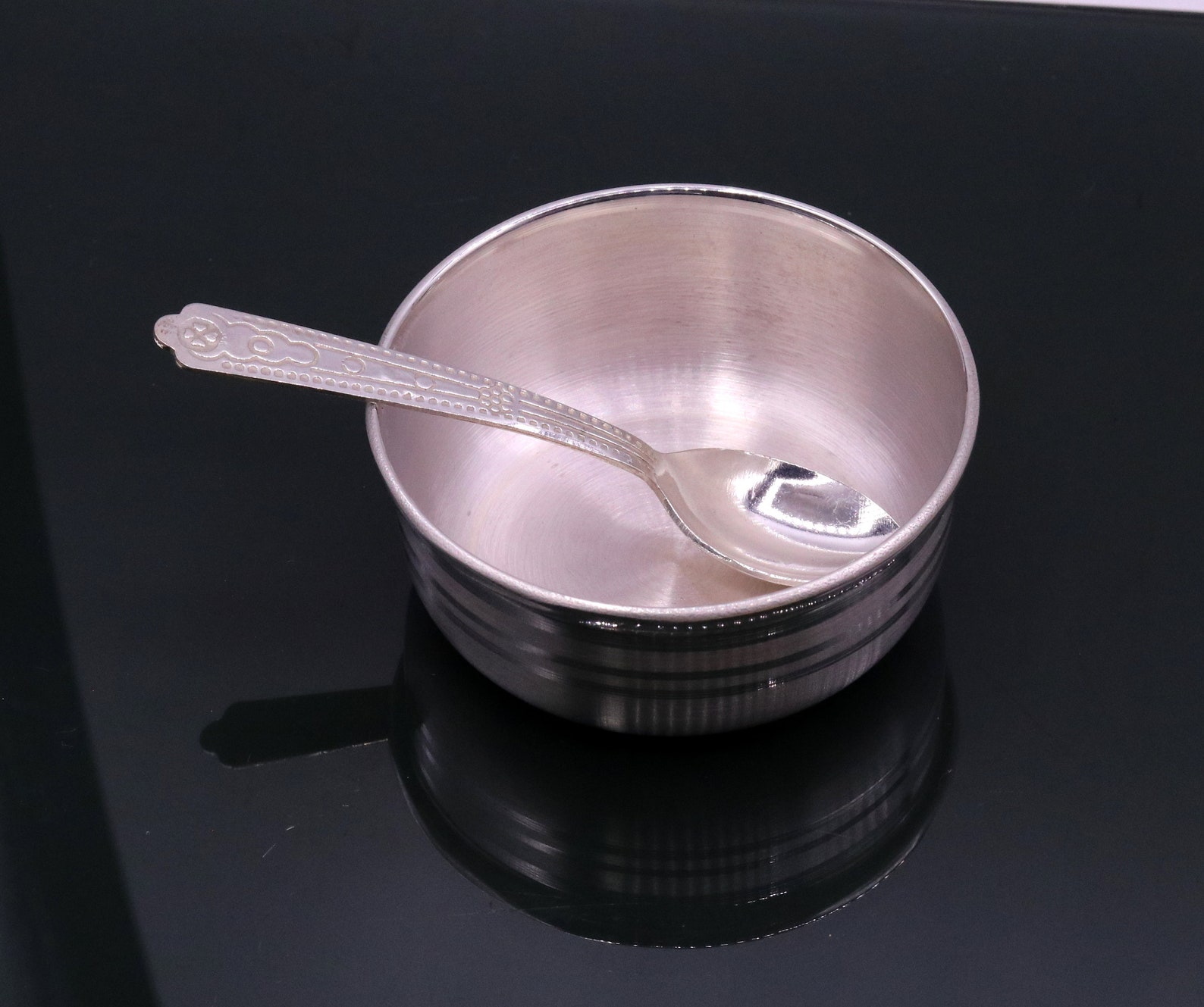Handmade 99.9% Solid Pure Silver Baby Bowl With Small Spoon Silver ...