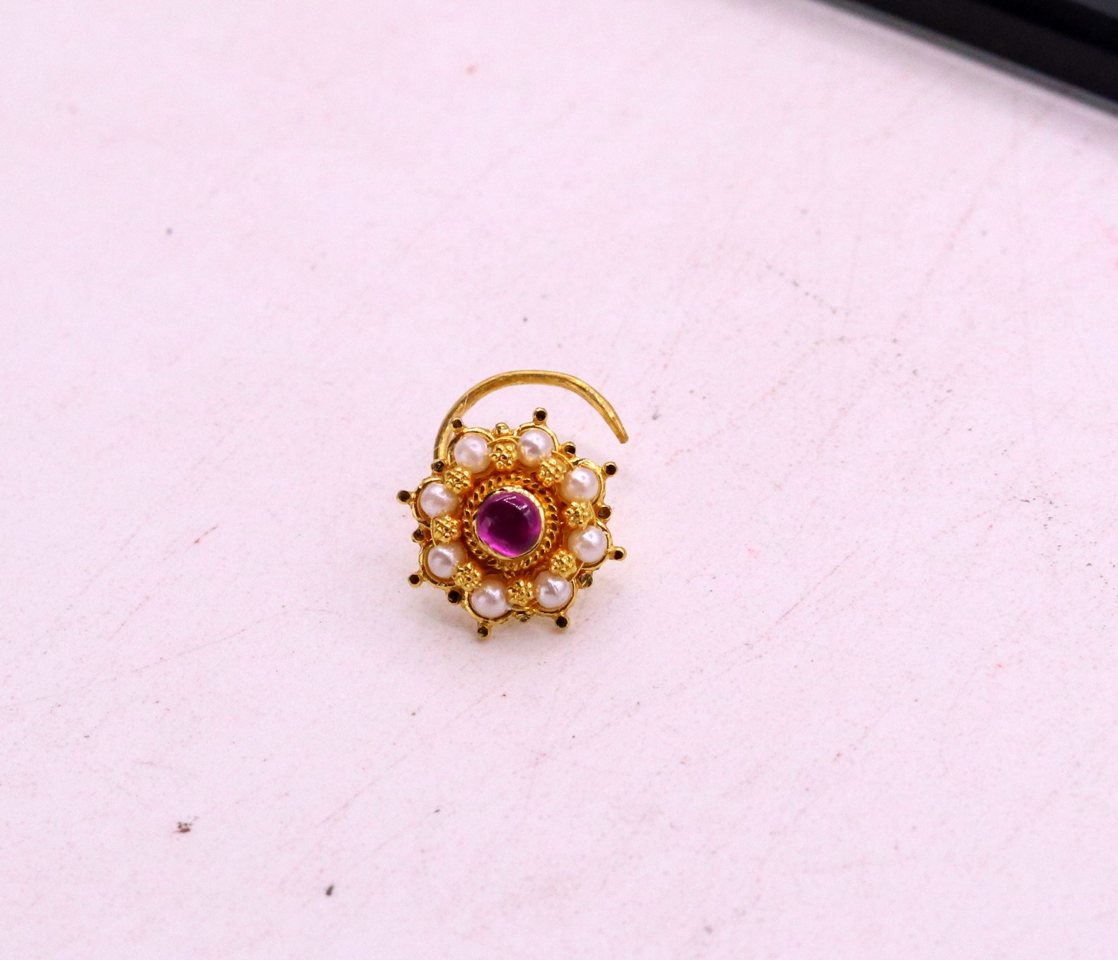 20k Yellow Gold Handmade Fabulous Red Stone Pearl Nose Pin Excellent ...