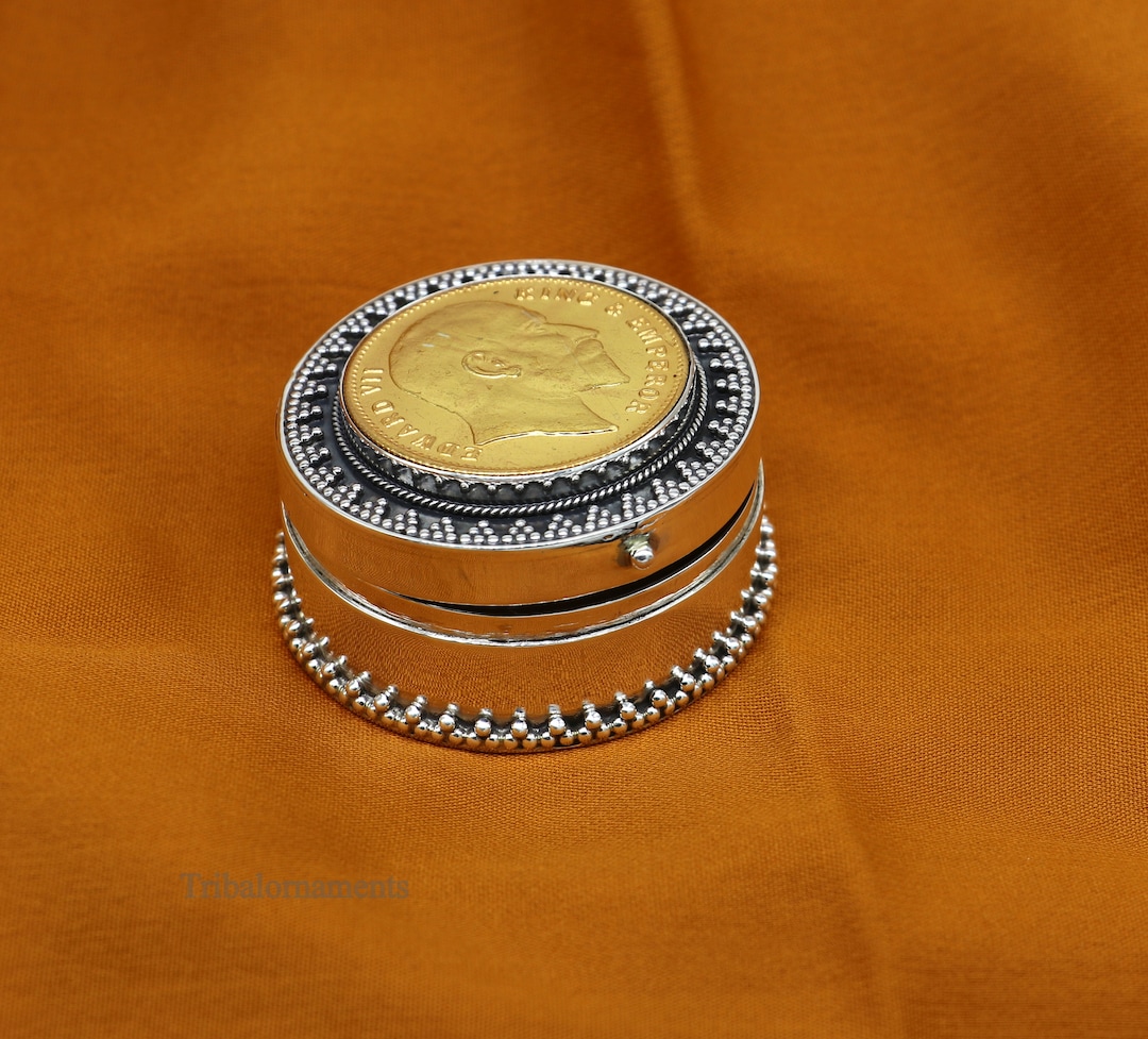 925 Sterling Silver Vintage Rava Work King & Emperor Design Trinket Box ...