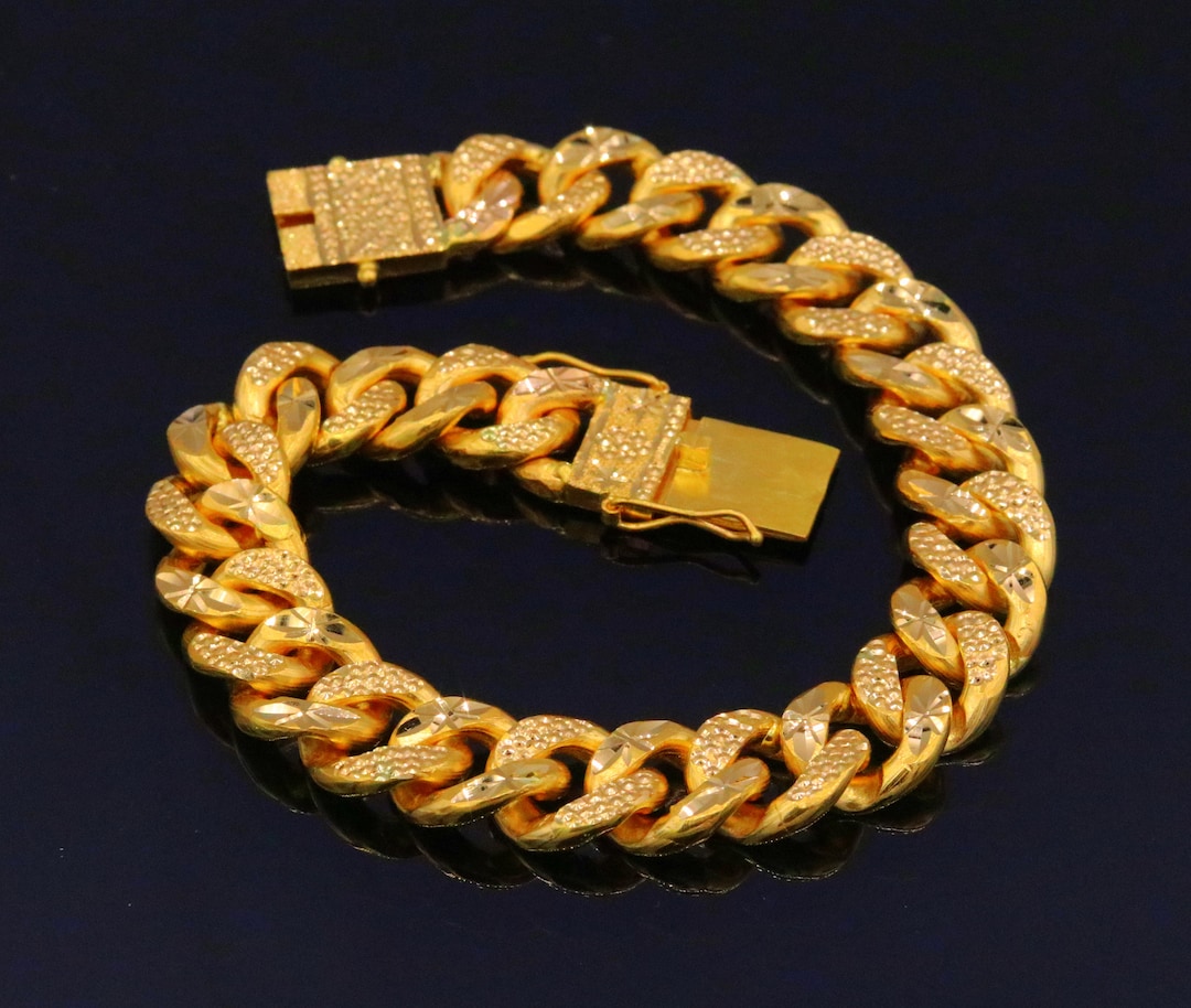 22k Yellow Gold Solid Link Chain Bracelet With Fabulous Diamond Cut ...