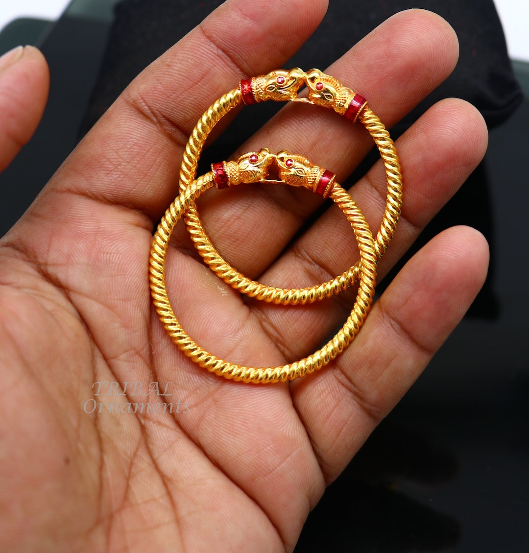 22k Yellow Gold Handmade Fabulous Vintage Elephant Face Design Baby Bangle Pair Kada Certified ...