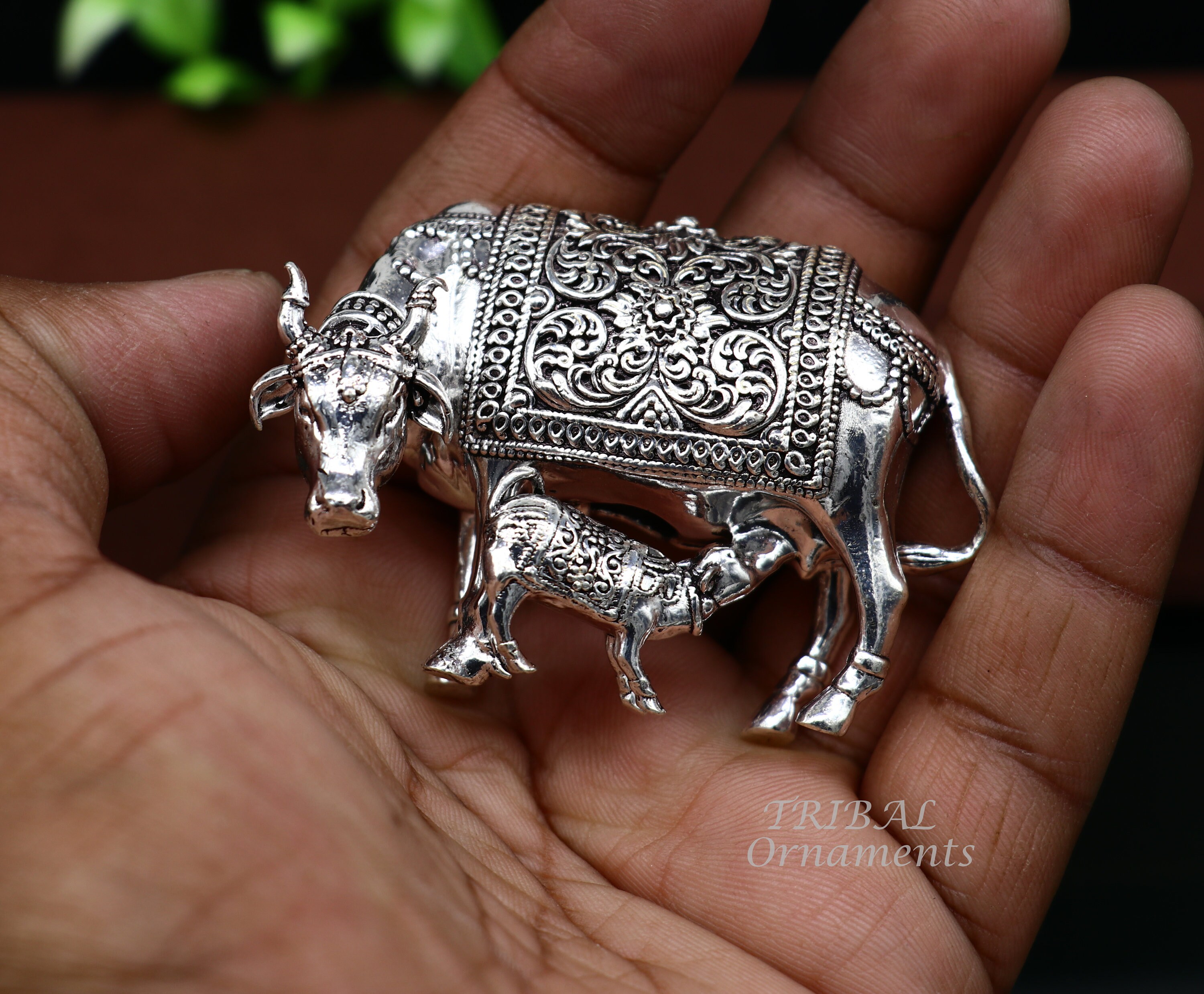Divine Cow With Calf 925 Sterling Silver Vintage Nakshi Work Design ...