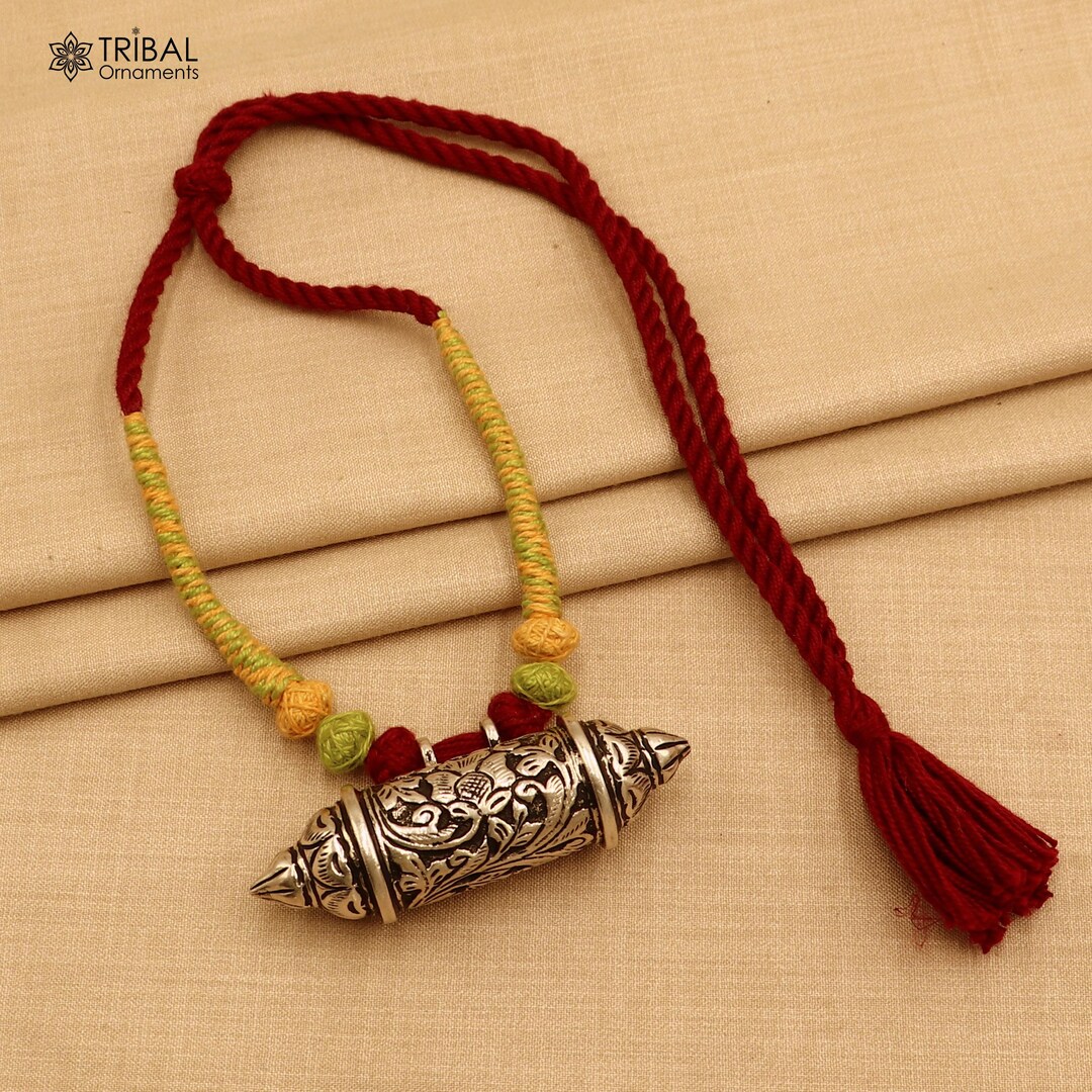 925 Sterling Silver Chitai Work Amulet Style Thread (dori) Necklace ...