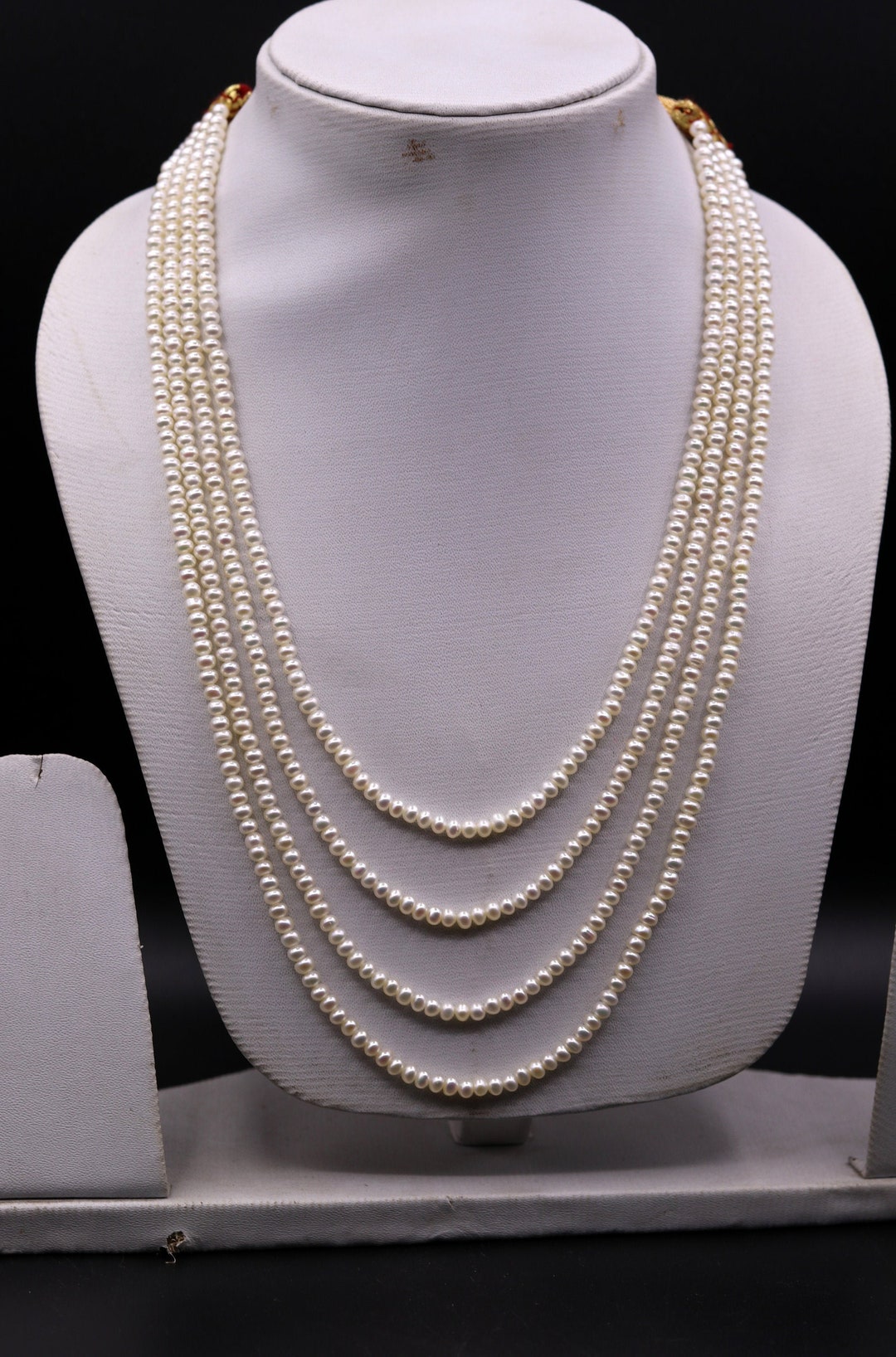 Natural Real Pearl 4 Mm Four Line Layer String Necklace Set Gorgeous ...