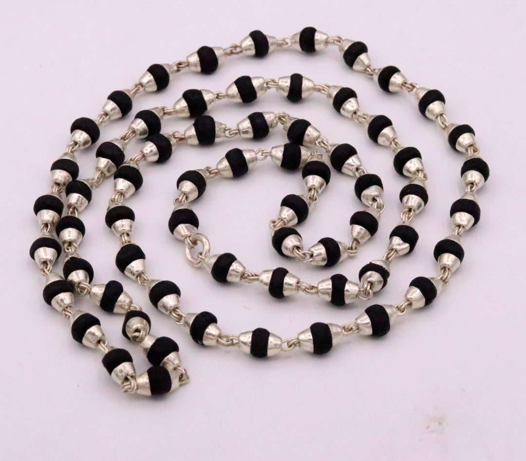 Handmade Sterling Silver Black Basil Rosary Wood Beads Chain Necklace ...