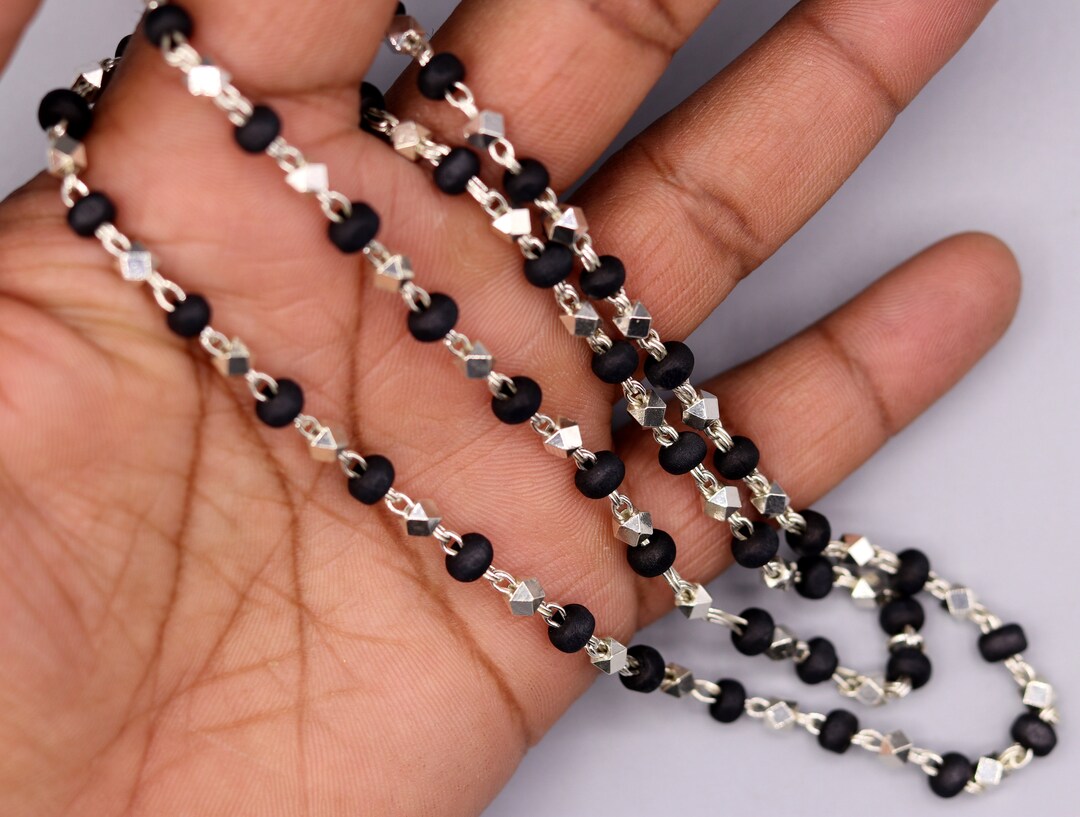 925 Silver Handcrafted Black Basil Rosary Beads With Silver Beads ...