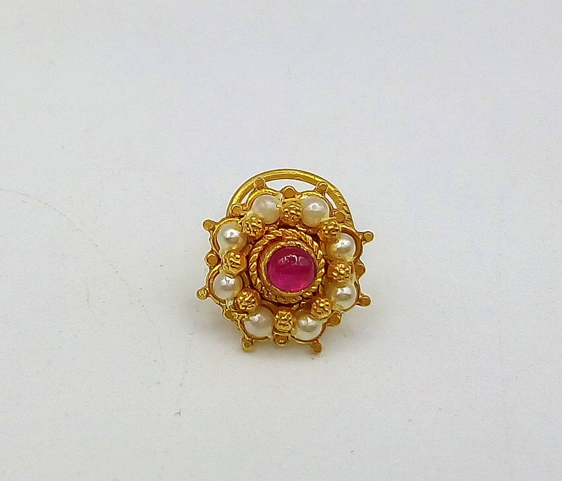 20k Yellow Gold Handmade Fabulous Red Stone Pearl Nose Pin Excellent ...