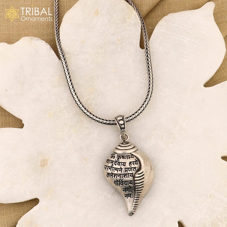 925 Sterling Silver Lord Krishna Mantra Shankha Pendant Tribal Ethnic ...