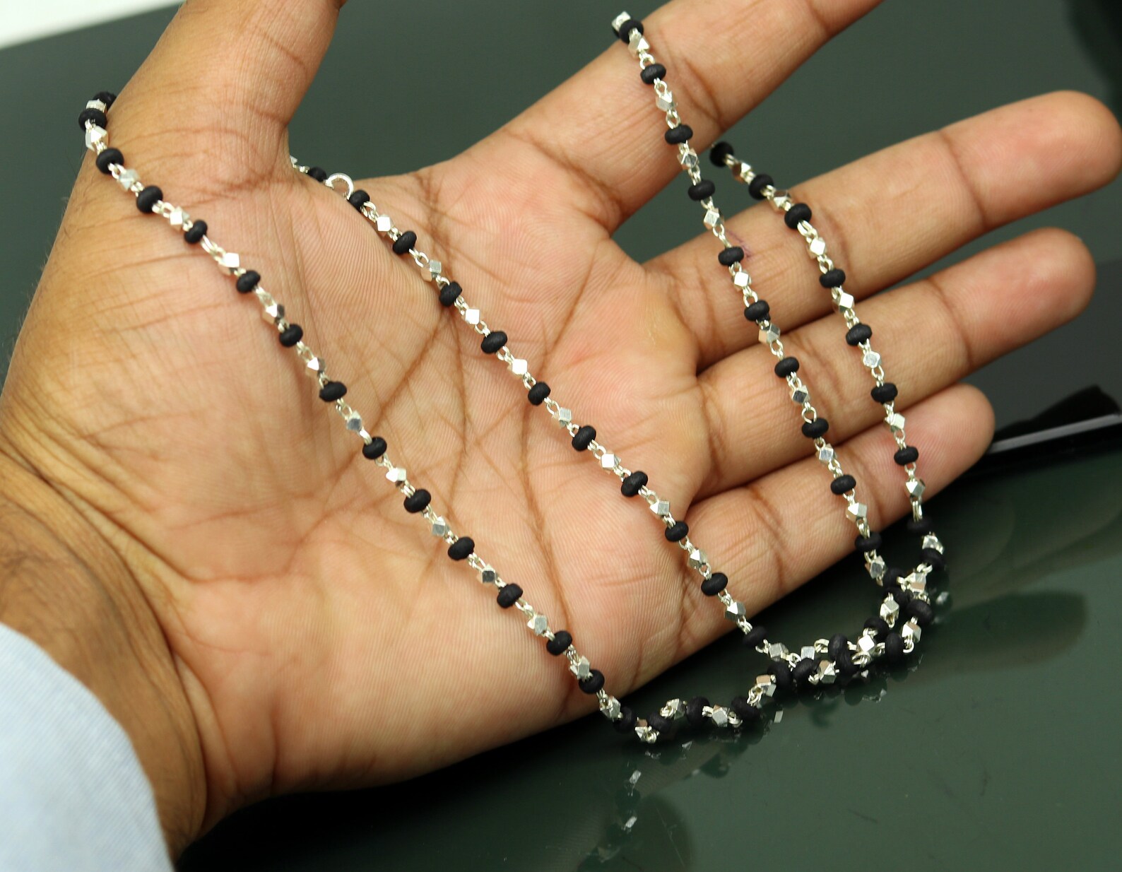 24" Sterling Silver Handmade Wooden Beads Black Basil Rosary Silver ...
