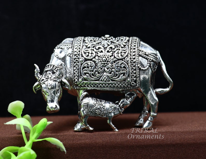 Divine Cow With Calf 925 Sterling Silver Vintage Nakshi Work Design ...