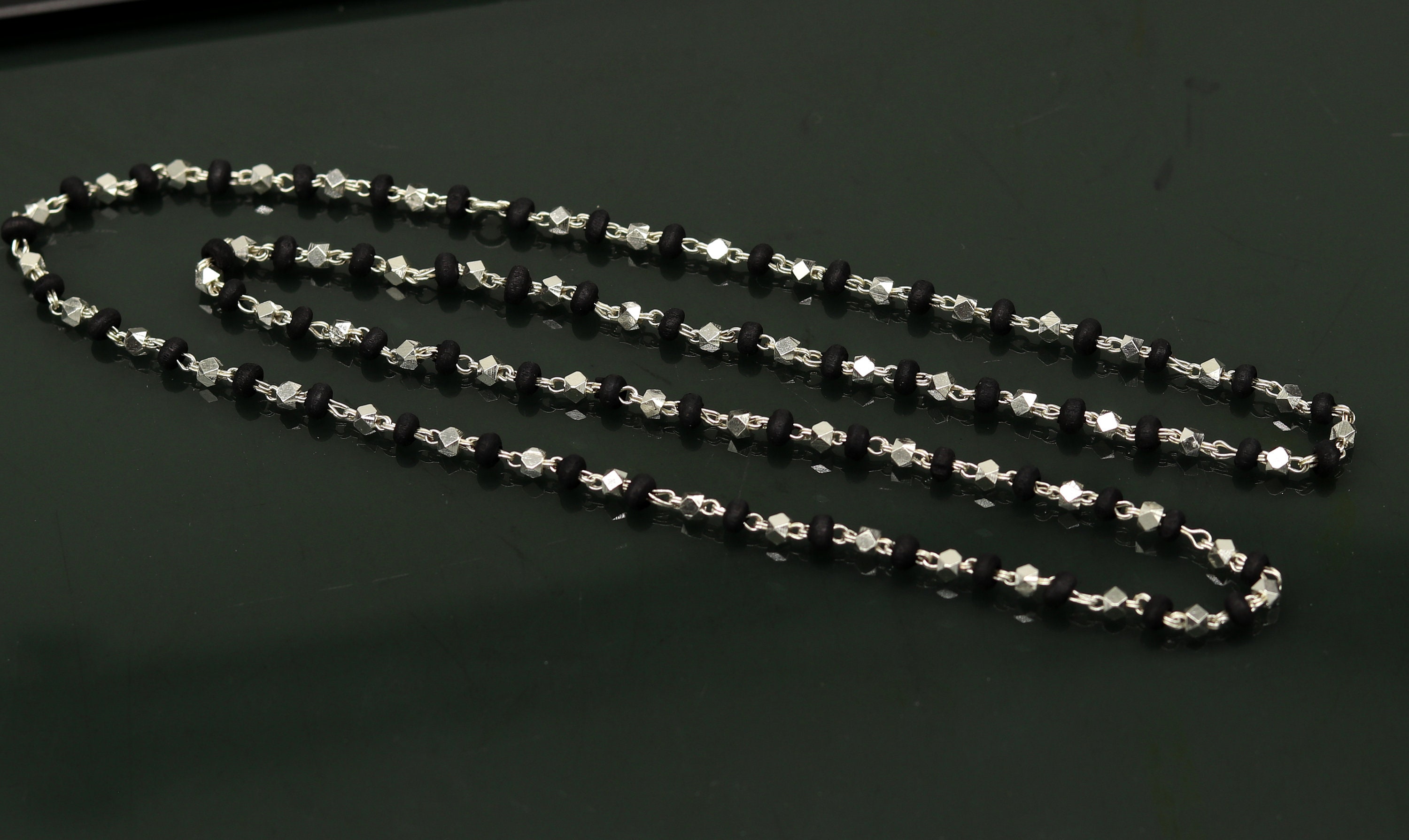 24" Sterling Silver Handmade Wooden Beads Black Basil Rosary Silver ...