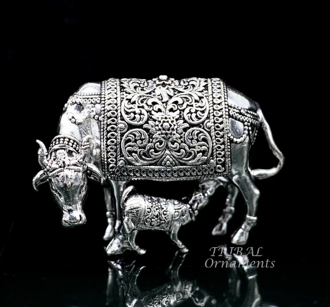 Divine Cow With Calf 925 Sterling Silver Vintage Nakshi Work Design ...
