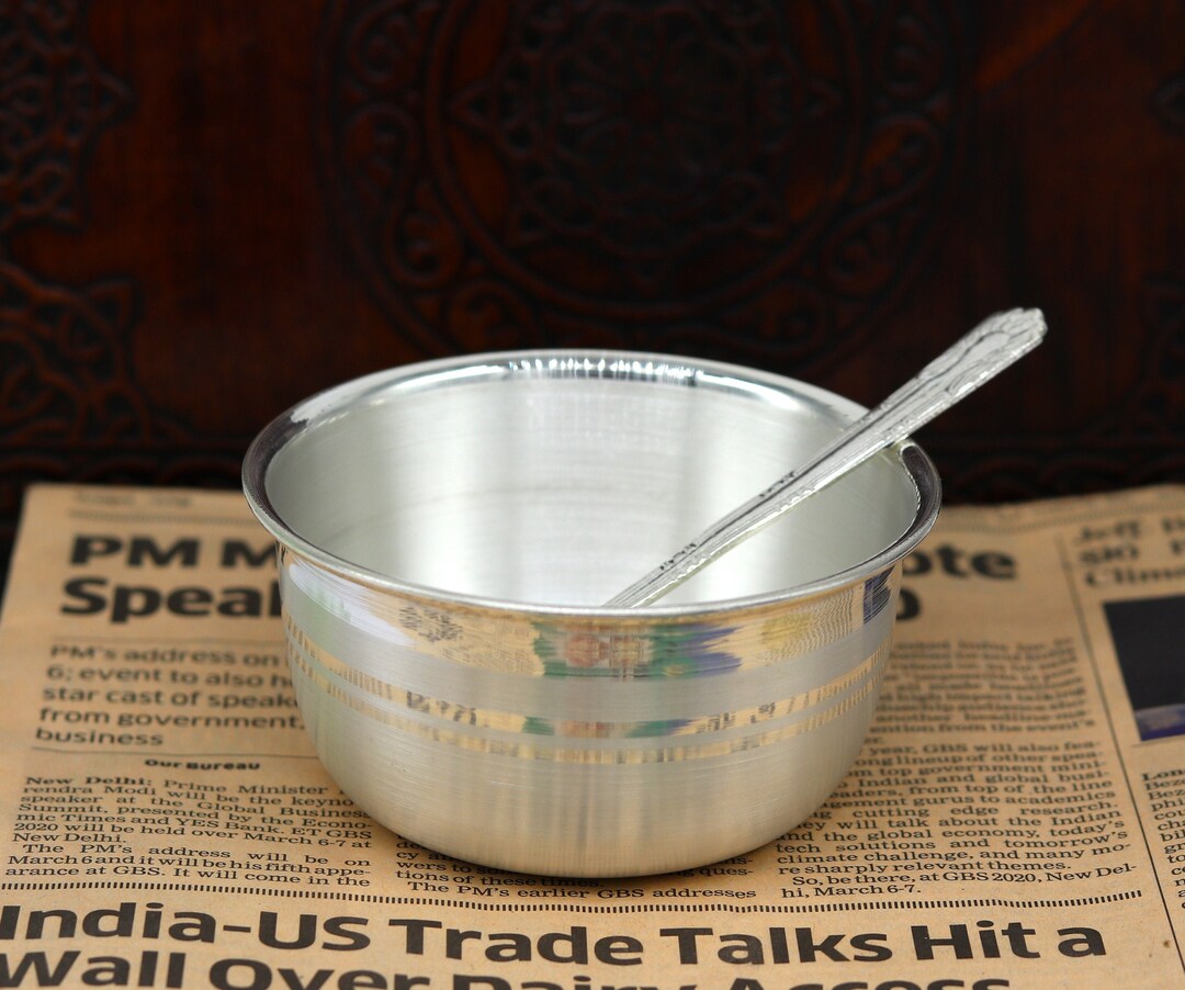 999 Solid Pure Silver Handmade Utensils Bowl and Spoon, Table Serving ...