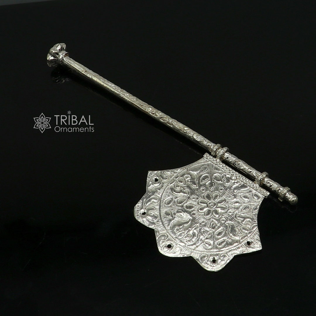 925 Solid Silver Pankhi, Floral Design Small Fan or Pankhi for God Puja ...