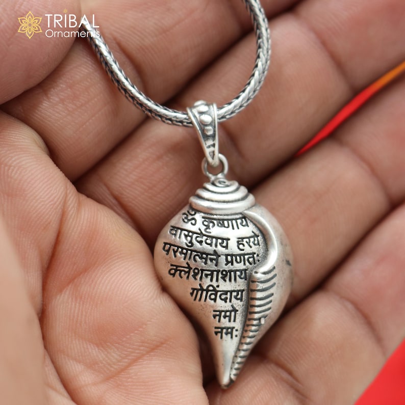 925 Sterling Silver Lord Krishna Mantra Shankha Pendant Tribal Ethnic ...