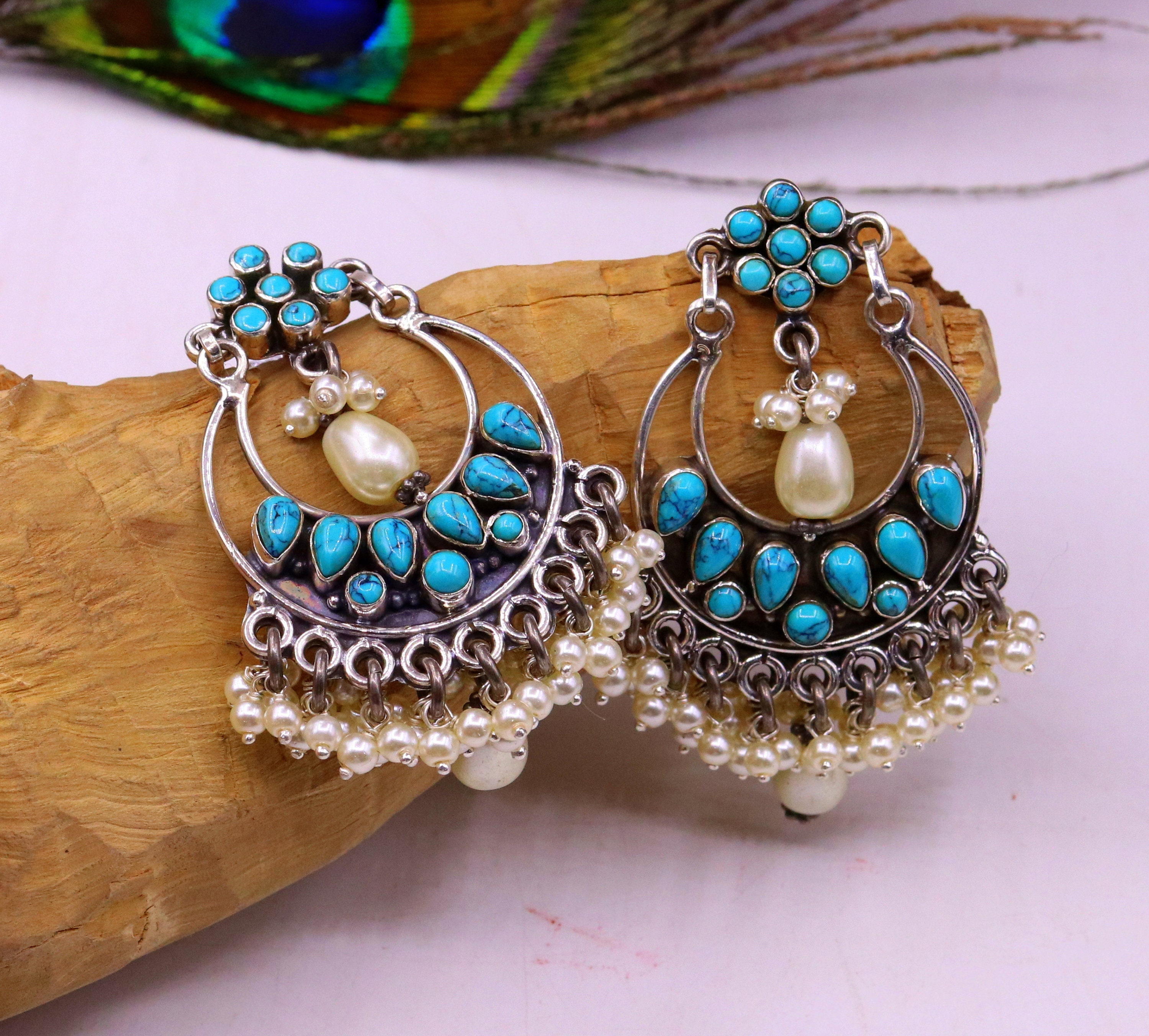 925 Sterling silver handmade fabulous pearl and turquoise stud | Etsy