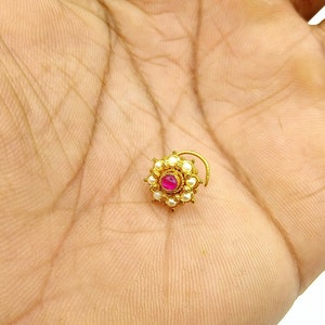 20k Yellow Gold Handmade Fabulous Red Stone Pearl Nose Pin Excellent ...