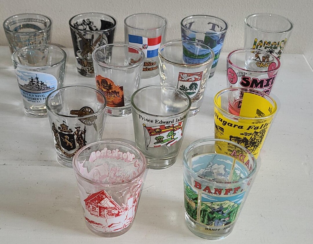 Vintage Shot Glass Collection 14 Individual Glasses Colorful Travel ...