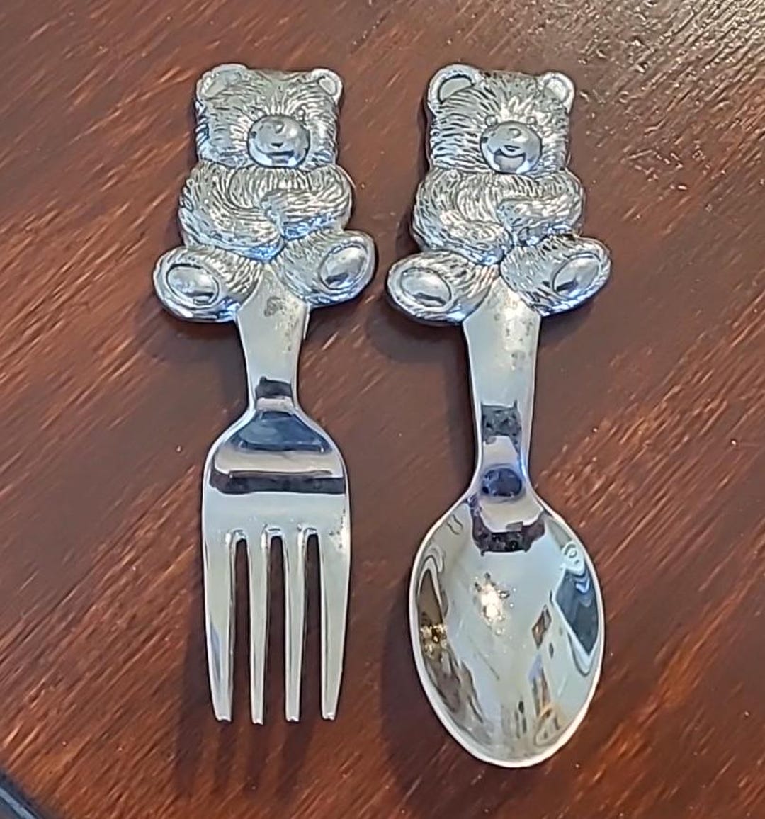 Vintage Pewter Baby Silverware Set: Teddy Bear Fork & Spoon Gift for ...