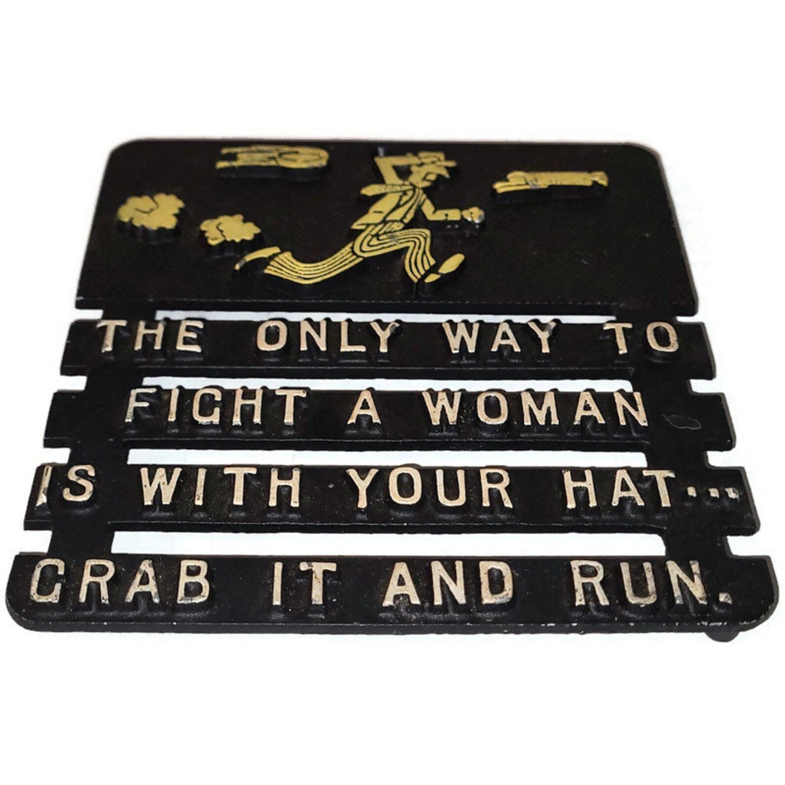Vintage Black Metal Trivet – Funny Man Running Wall Hanging – Rustic ...