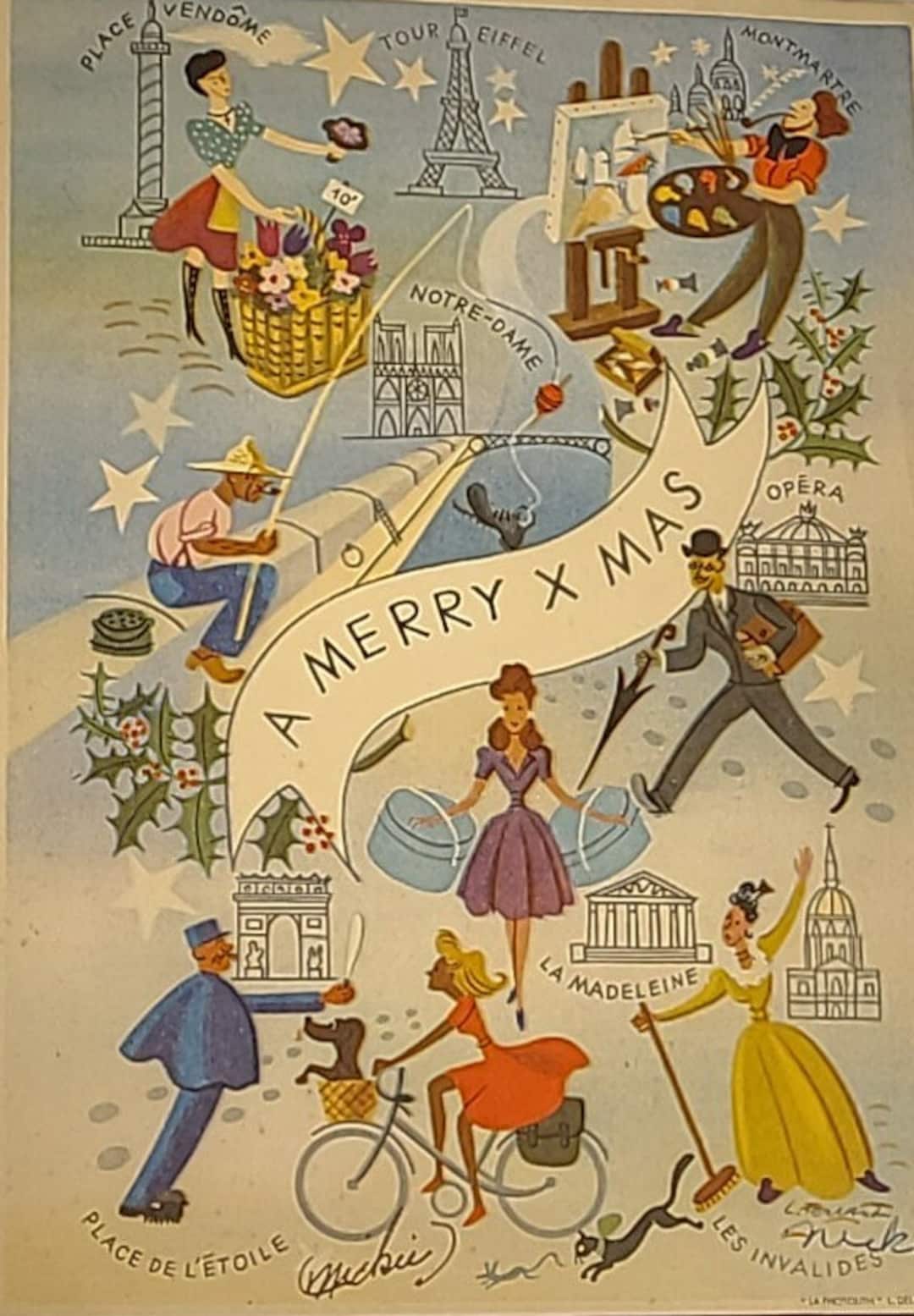 Vintage 1944 WWII Christmas Card: Cartoon Scenes of Paris, France - Unique Holiday Ephemera - 5 ...