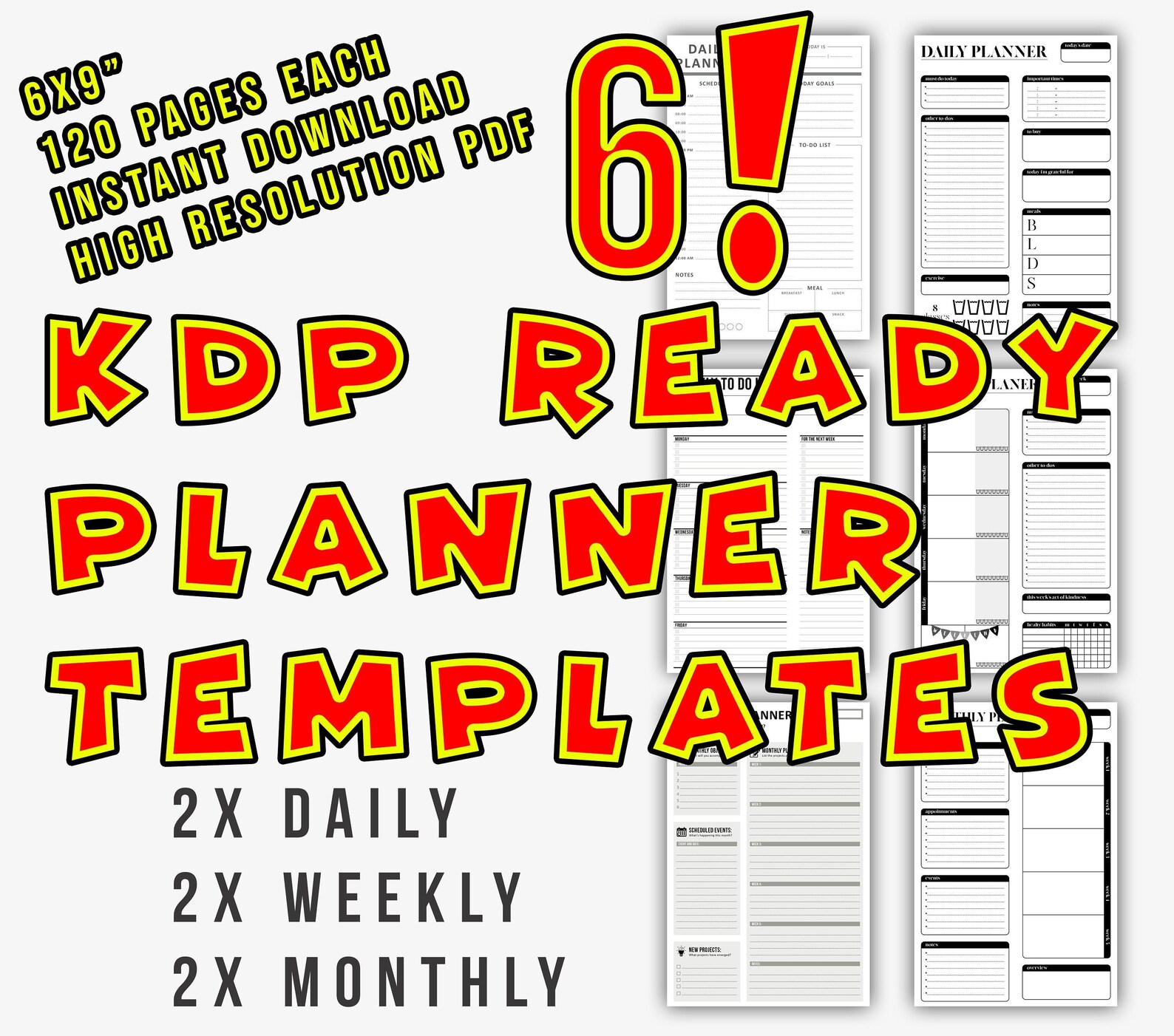 6 X 120 Pages 6x9" Templates for KDP - Planner Template Ready - 2 Daily ...