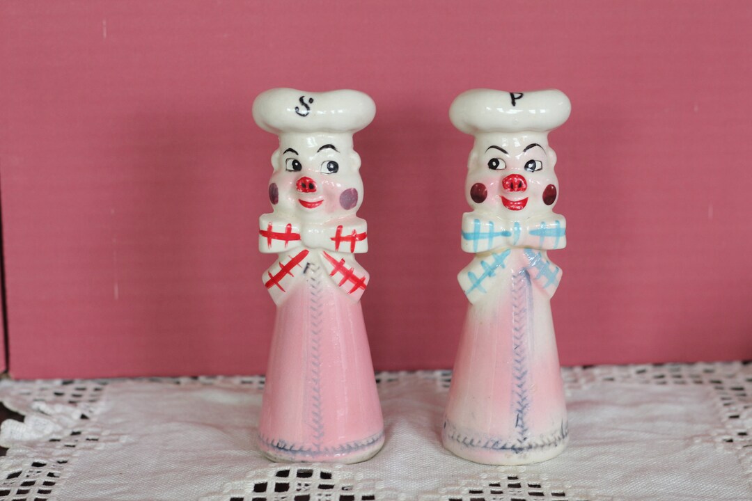 Vintage Pigs With Bow Tie Chef Hat and Pink Apron as Butchers or Chefs ...