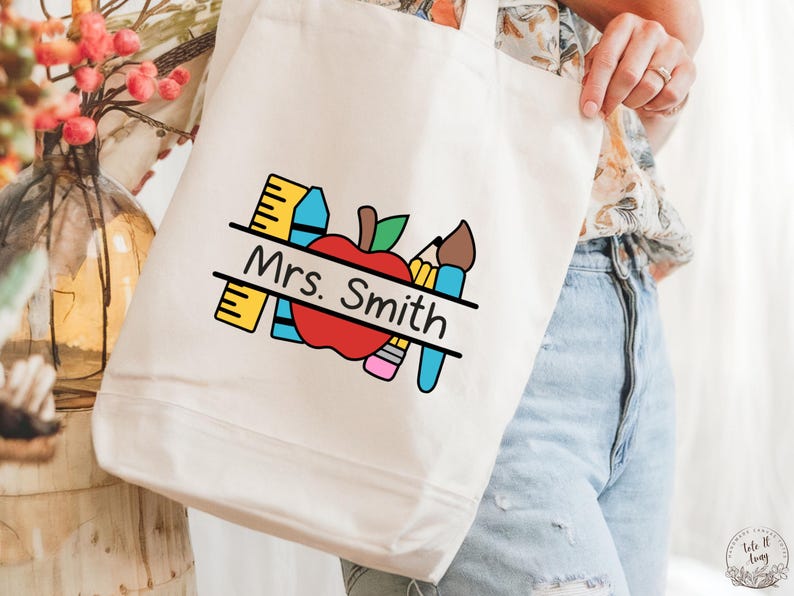 Personalized Teacher Tote Bag, Custom Name Canvas Tote, Apple School ...