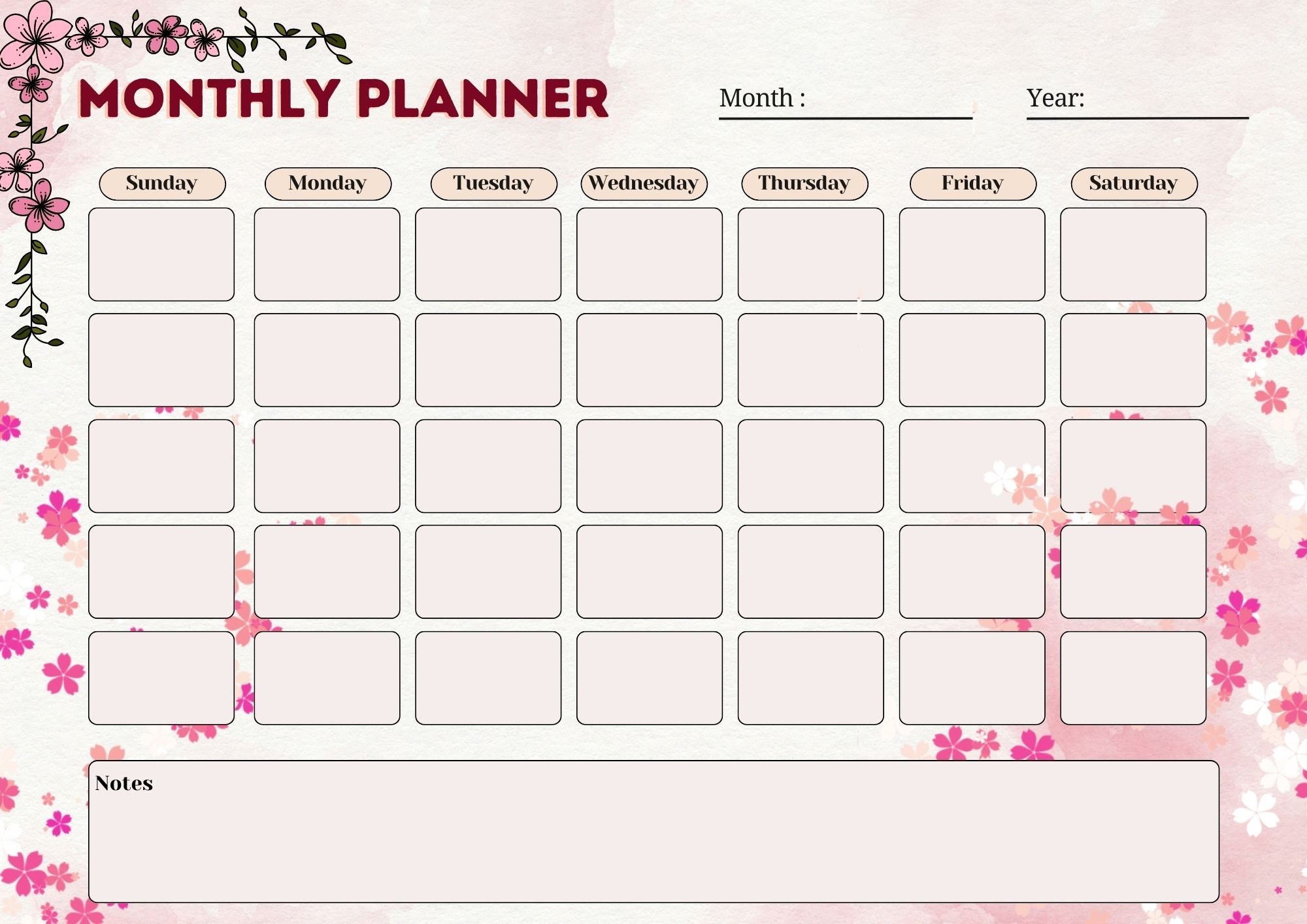 Printable Monthly Planner Sakura Themed - Etsy