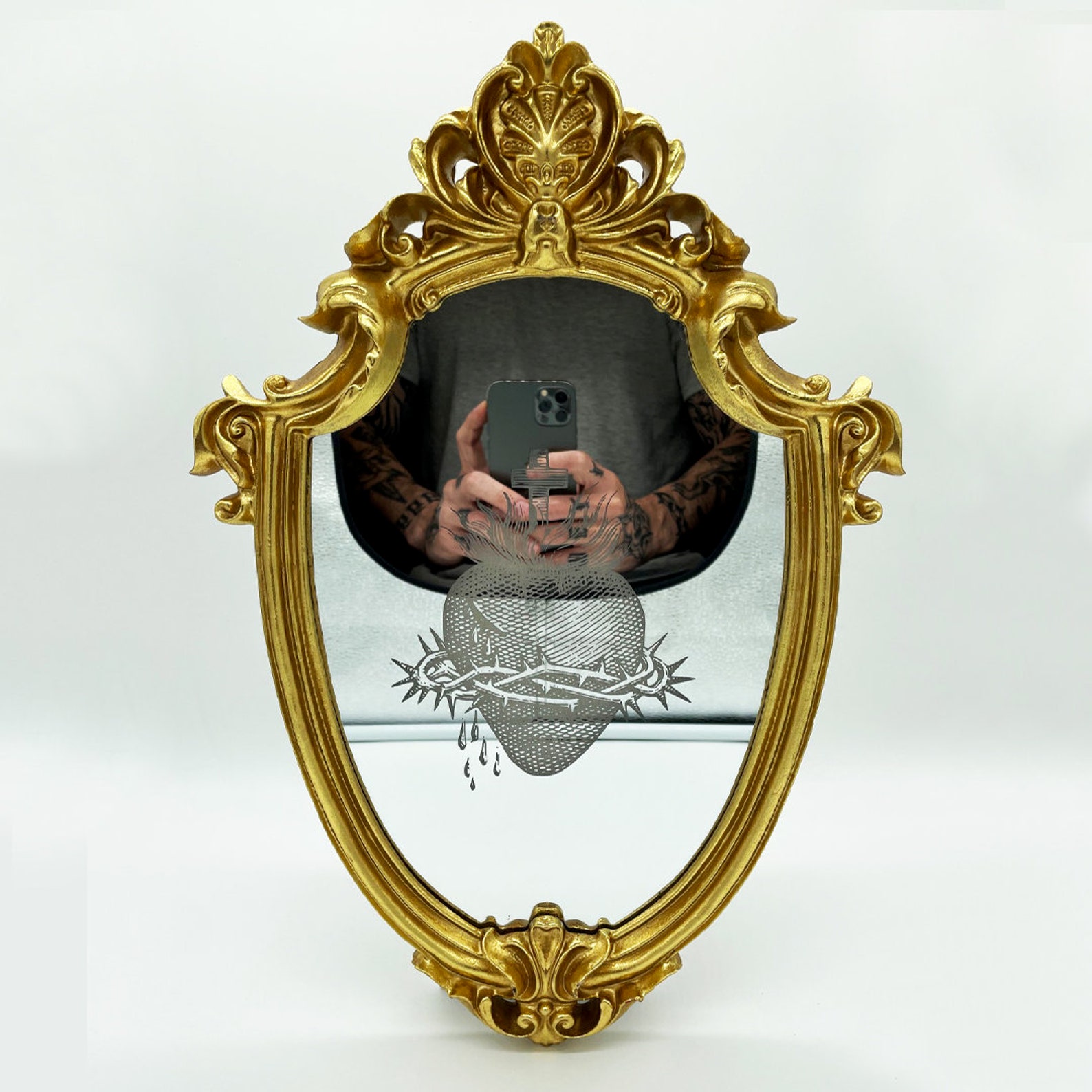 Engraved Glass Mirror With Sacred Heart Design, Sacred Heart Artwork ...