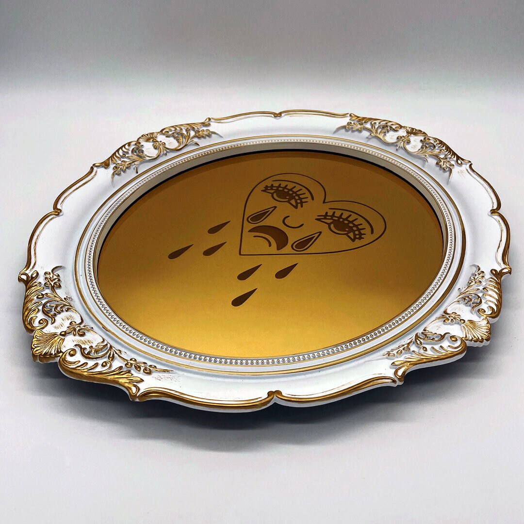 Engraved Acrylic Mirror With Crying Heart Design, Traditional Tattoo ...