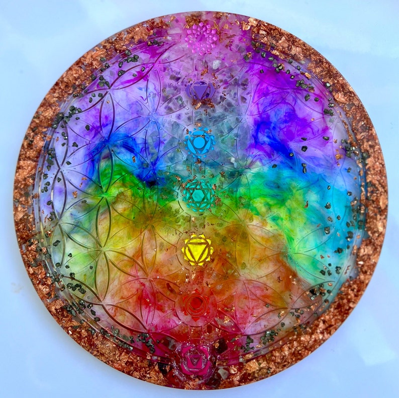 Seven Chakra Flower of Life Crystal Grid Tray With Crystal Chips ...
