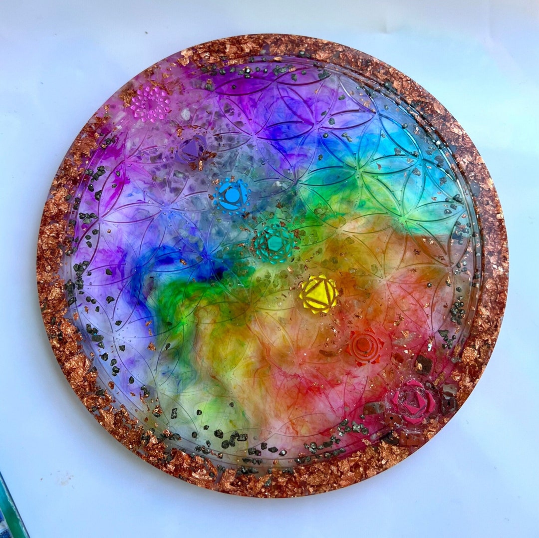 Seven Chakra Flower of Life Crystal Grid Tray With Crystal Chips ...