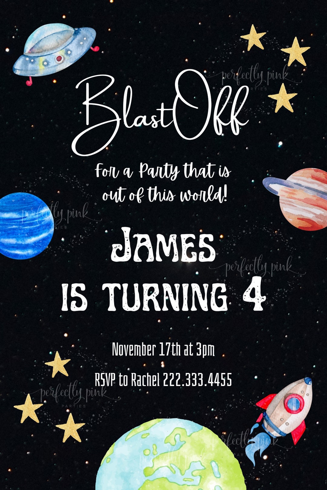 Blast off Space Astronaut Galaxy Invitation Birthday Party Rocket Ship ...