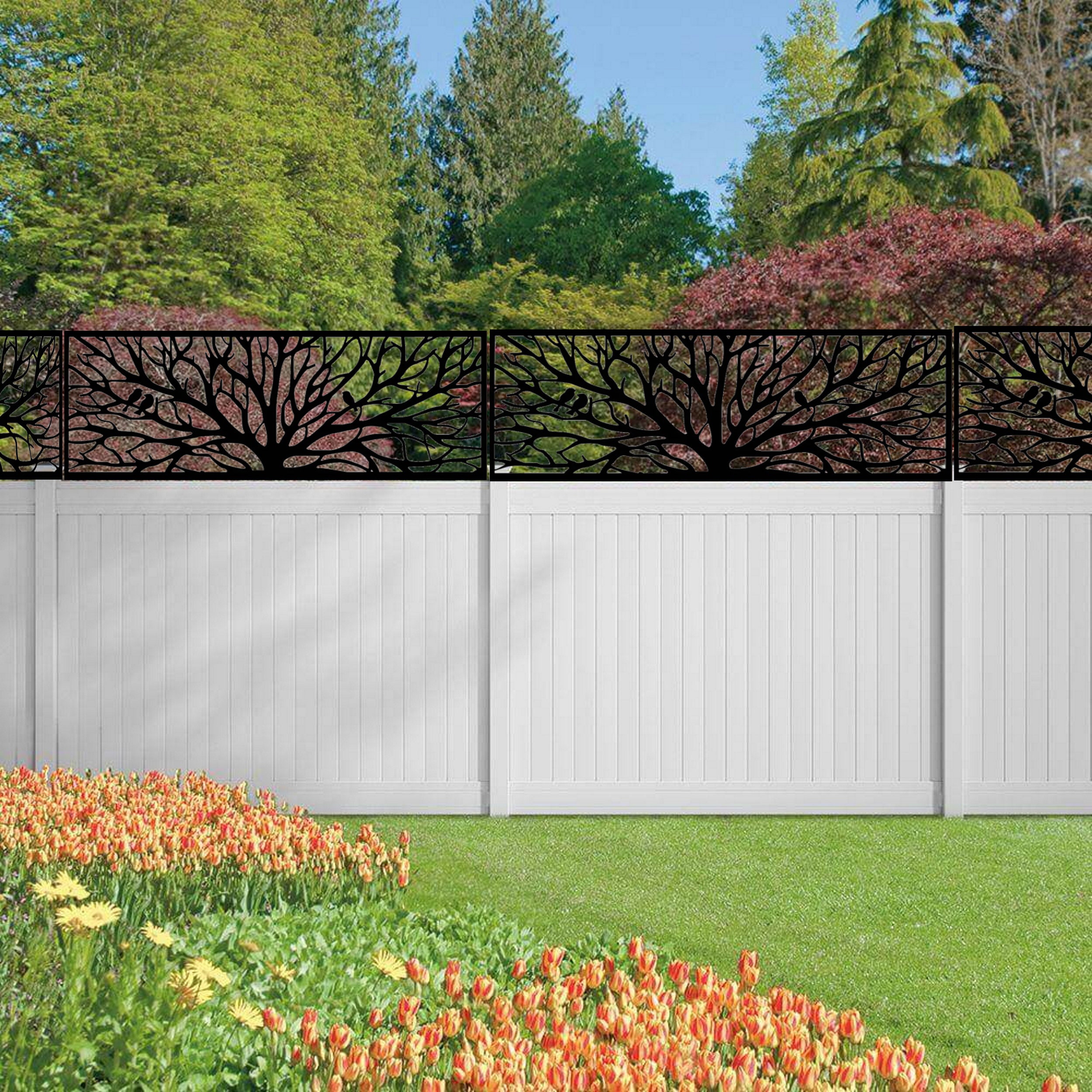 Steel Garden Fence Topper – Elegant Tree & Birds Design, Outdoor Wall I ...