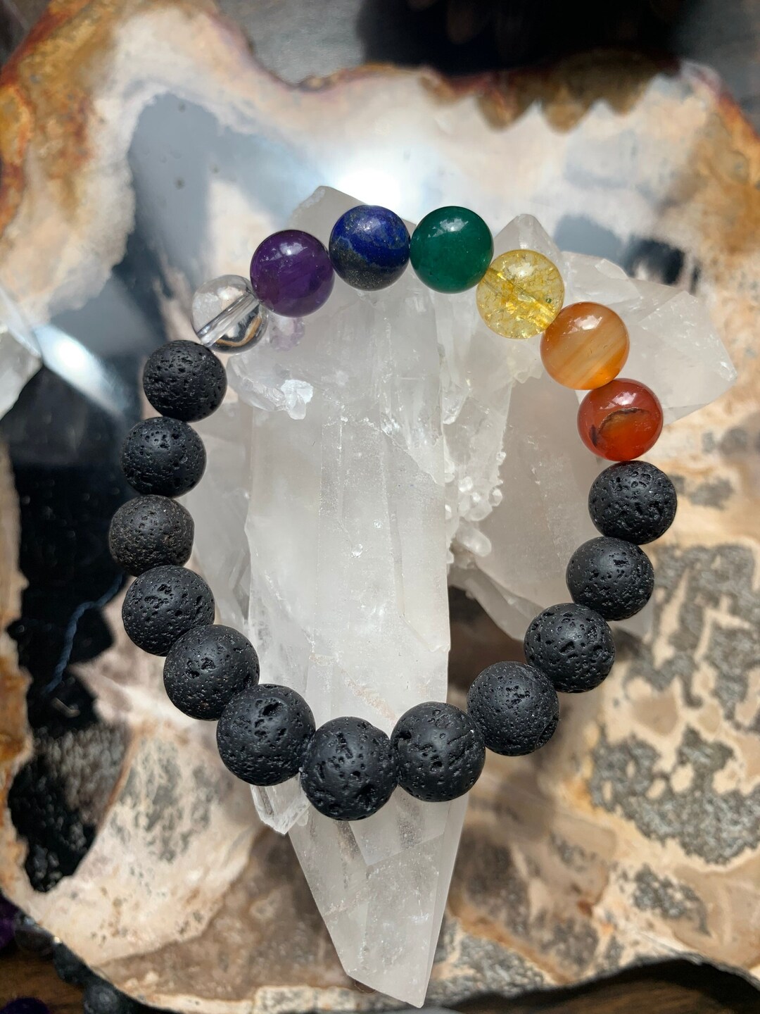 Chakra Crystal Bracelet - Crystal Gem and Lava Stone Chakra Colour Bead ...