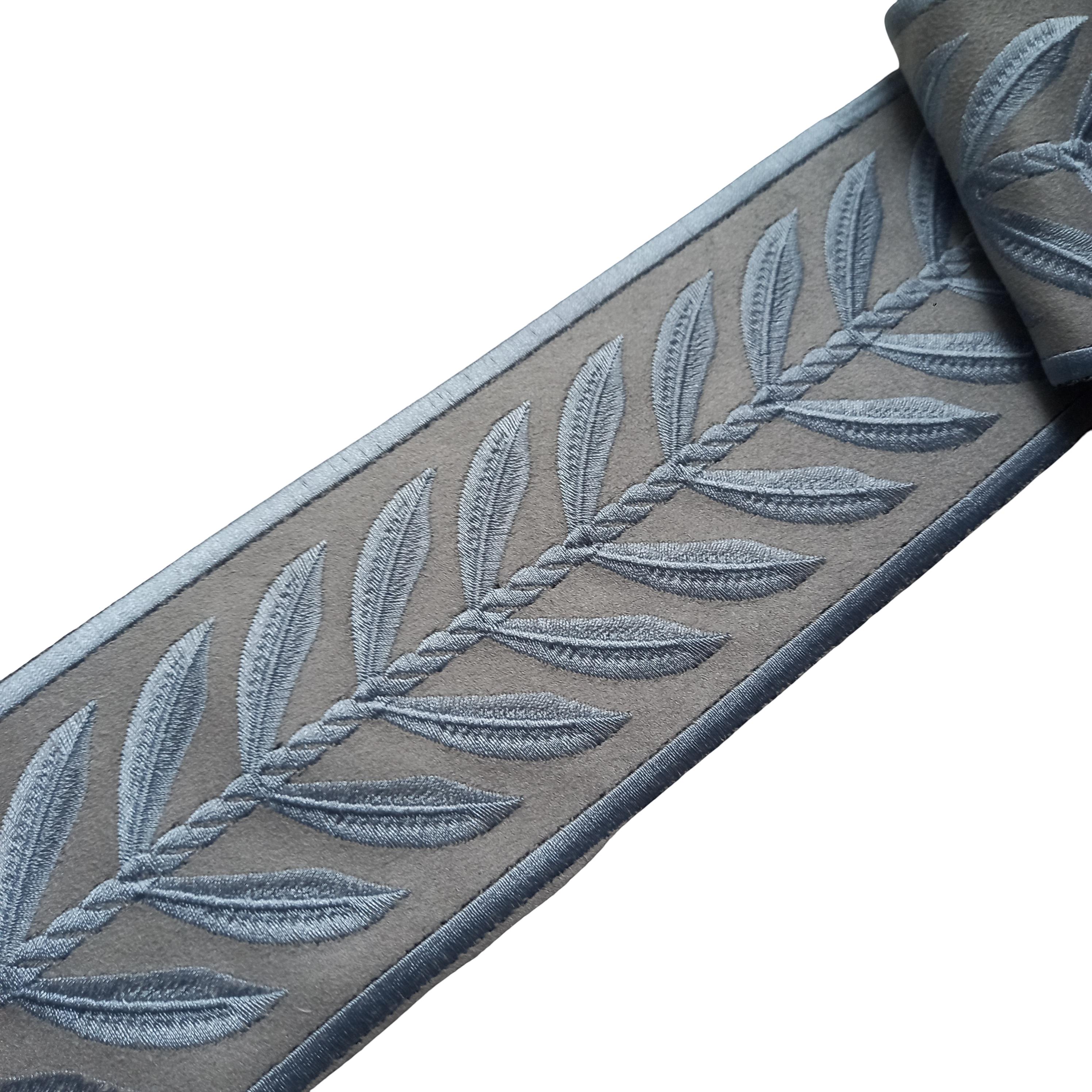 Light Blue Crest Curtain Drapery Trim on Pale Gray Suede Fabric 3 1/2 ...