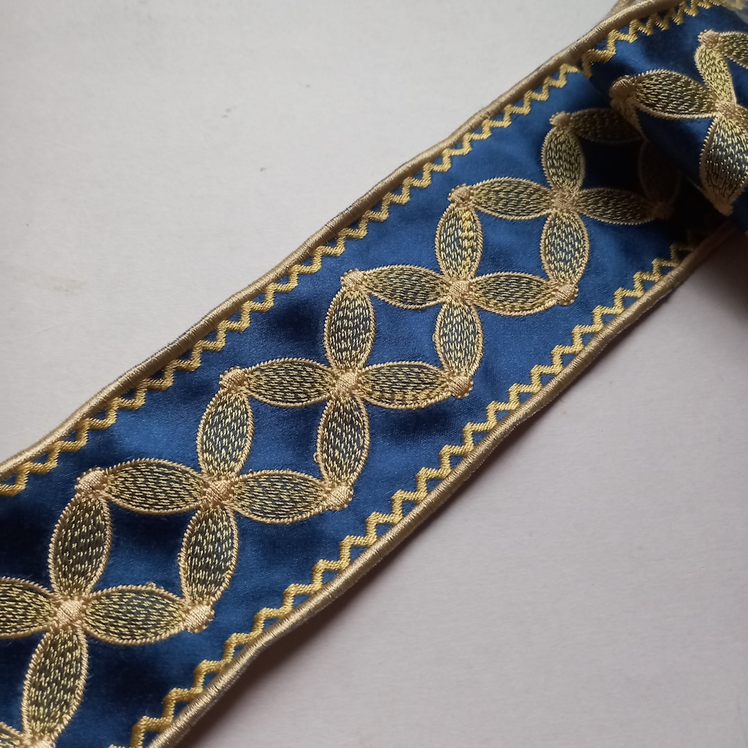 Curtain Drapery Fabric Trim Blue Gold Circle Fretwork, Upholstery Drape ...