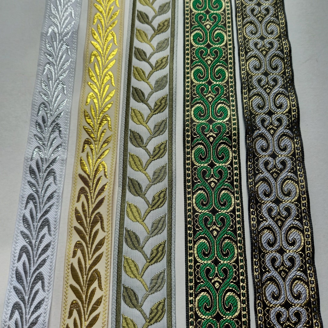 Leaf Swirl Jacquard Trim by the Yard, Jaquard Trim Gold Blue Pink Aqua ...