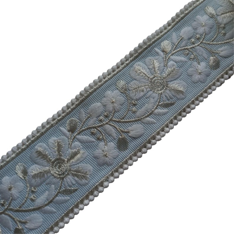 Light Blue Floral Embroidered Curtain Trim: 2.5 Inch Designer Drapery ...
