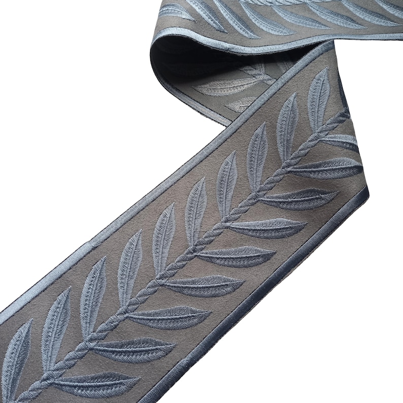 Light Blue Crest Curtain Drapery Trim on Pale Gray Suede Fabric 3 1/2 ...