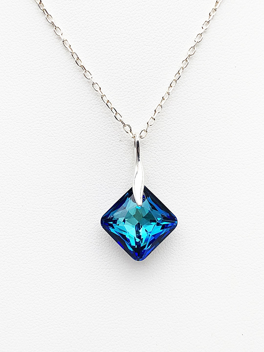 Collier pendentif pierre en cristal losange Swarovski bleu bermuda blue ...